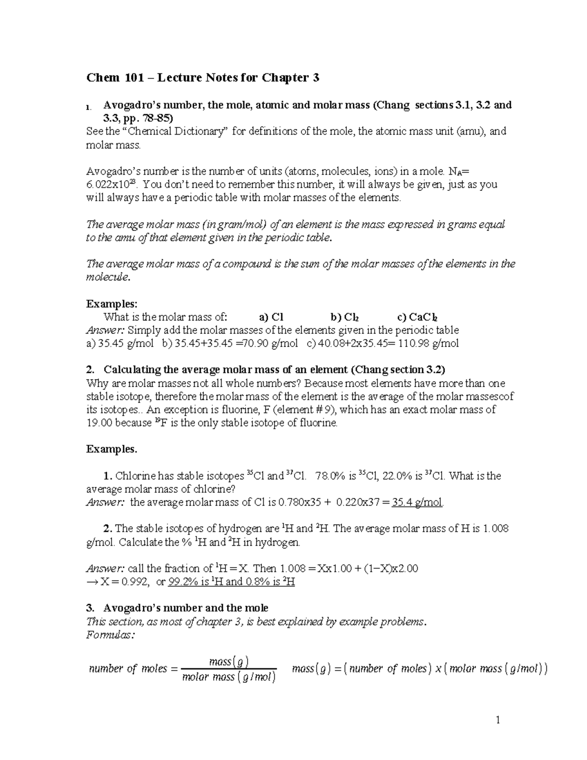 Chem 101 Chapter 3 Lecture Notes: The Mole & Molar Mass Concepts - Studocu