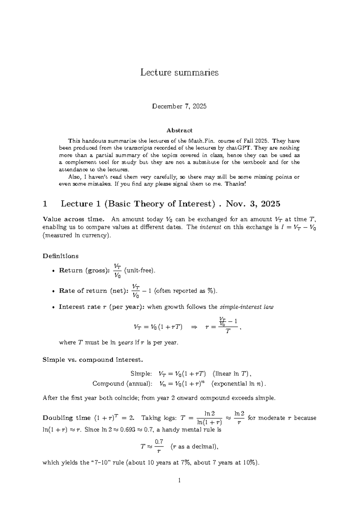 Lecture Summaries for Math.Fin. Course - Fall 2025 - Studocu