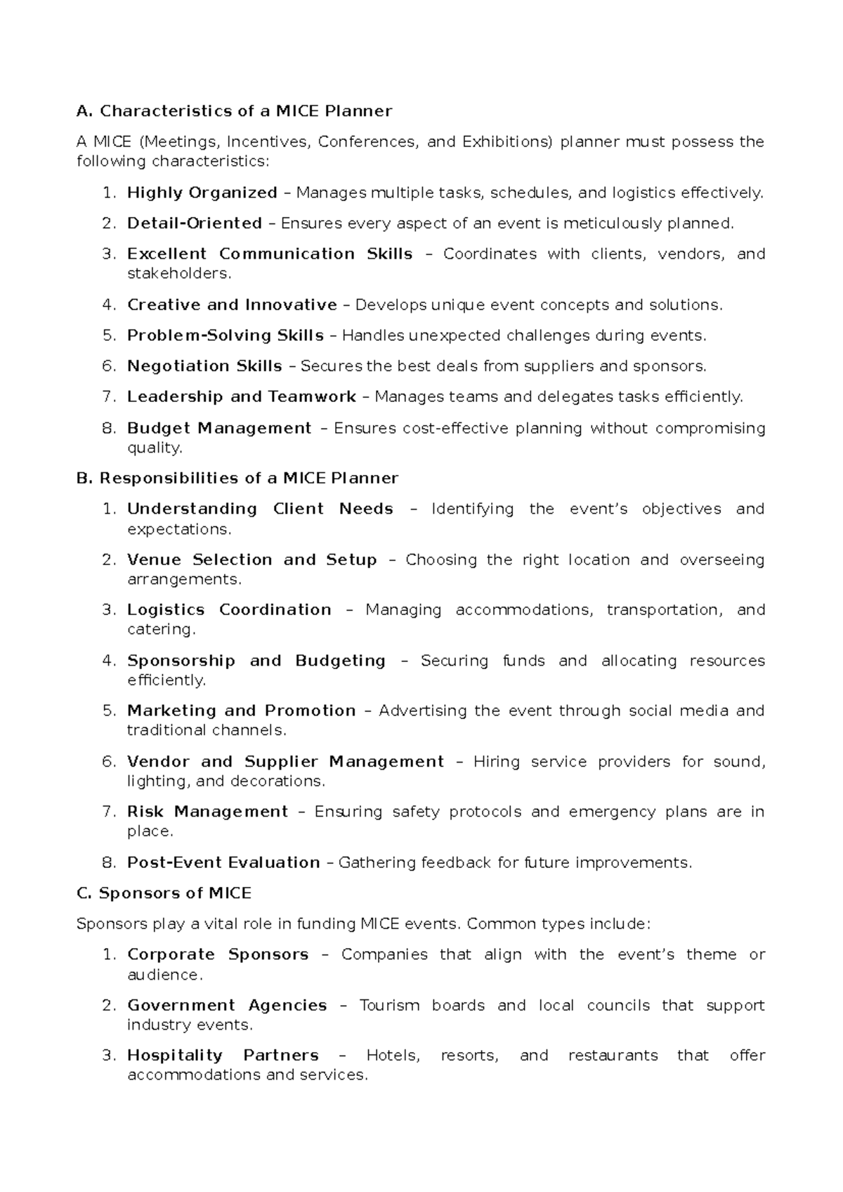 MICE Planners - Key Traits & Responsibilities Lecture Notes - Studocu