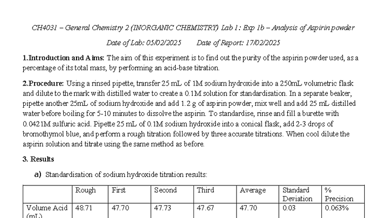 CH4031 General Chemistry 2 Lab 1 Report: Analysis of Aspirin Powder ...