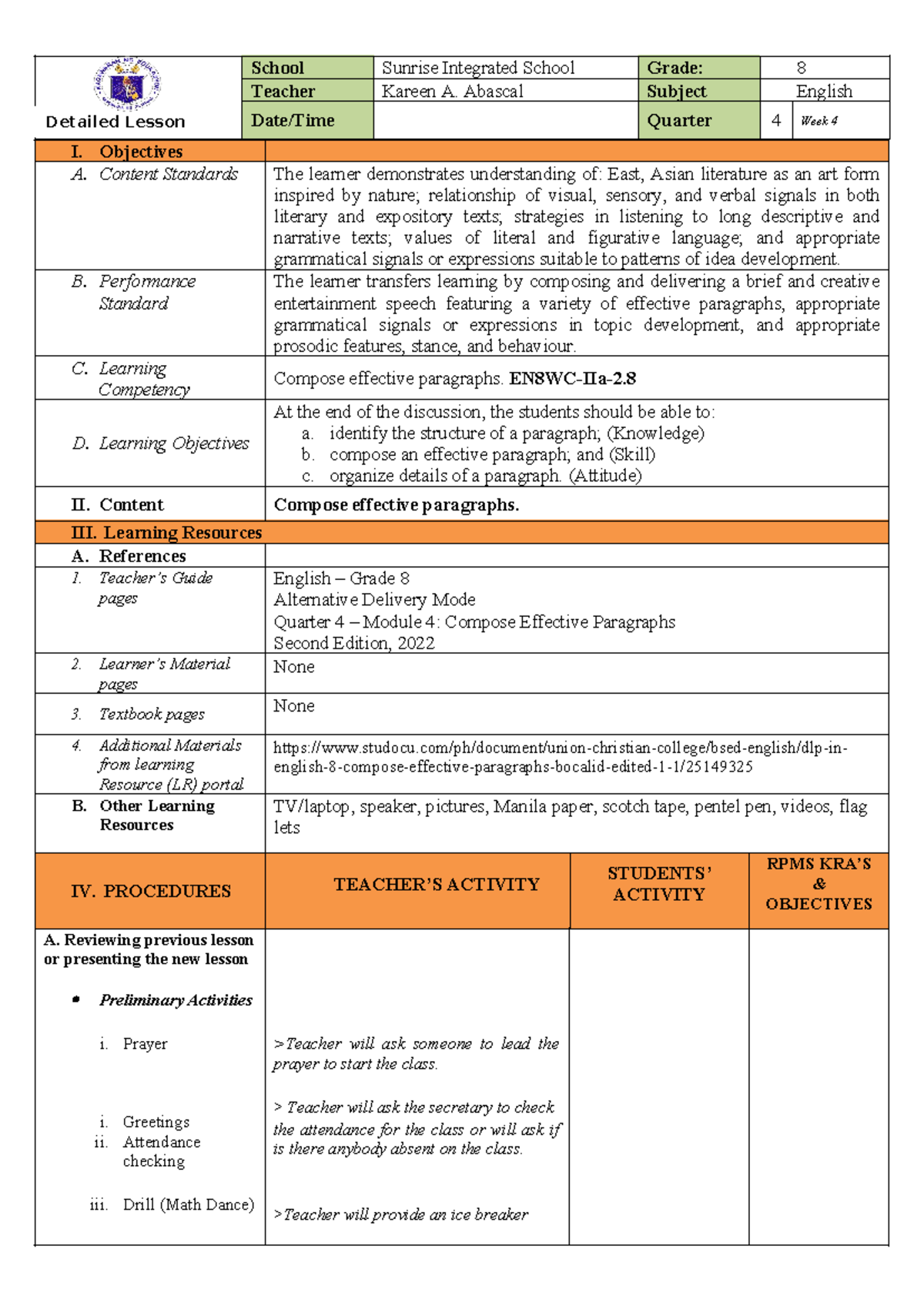 EN8-Lec: Composing Effective Paragraphs Overview and Strategies - Studocu