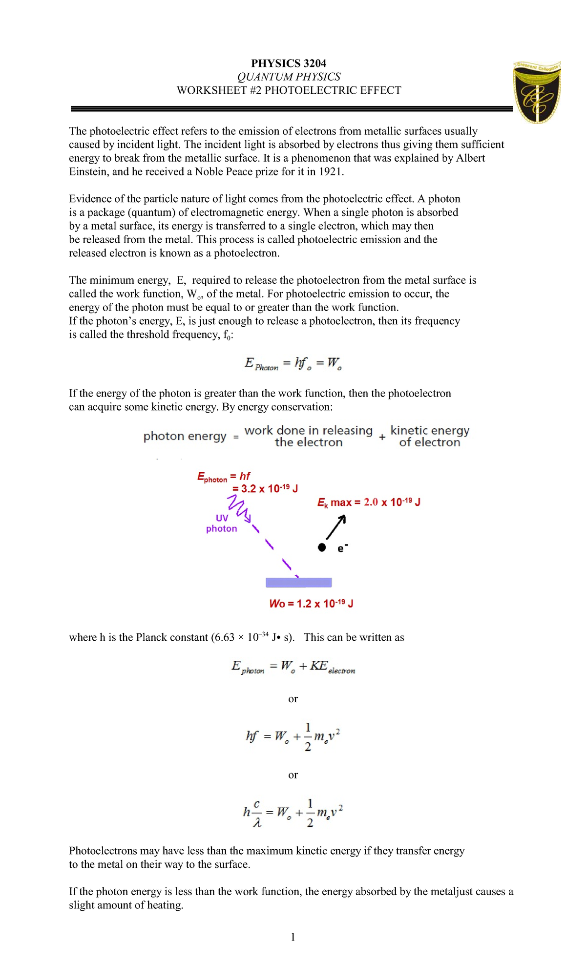 PHYSICS 3204 FINAL EXAM WORKSHEET: PHOTOELECTRIC EFFECT 2016-2017 - Studocu