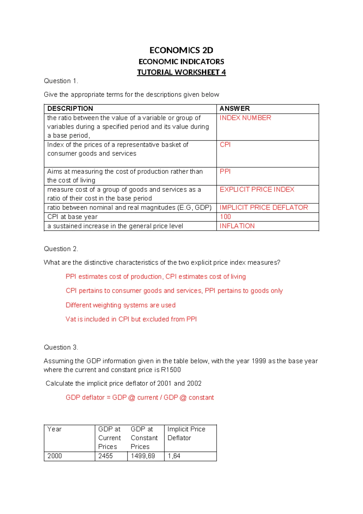 ECONOMICS 2D TUTORIAL WORKSHEET 2: ECONOMIC INDICATORS ANALYSIS - Studocu