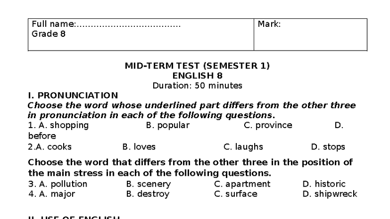 Grade 8 English Test: Semester 1 Pronunciation & Use of English - Studocu