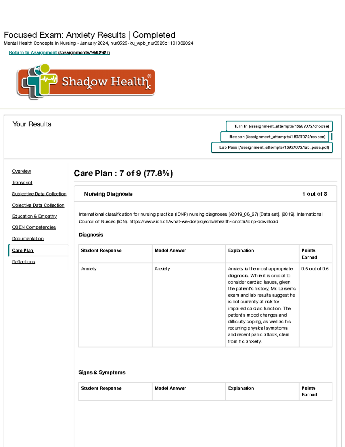NUR3525-KU Shadow Health Anxiety Care Plan & Diagnosis Insights - Studocu