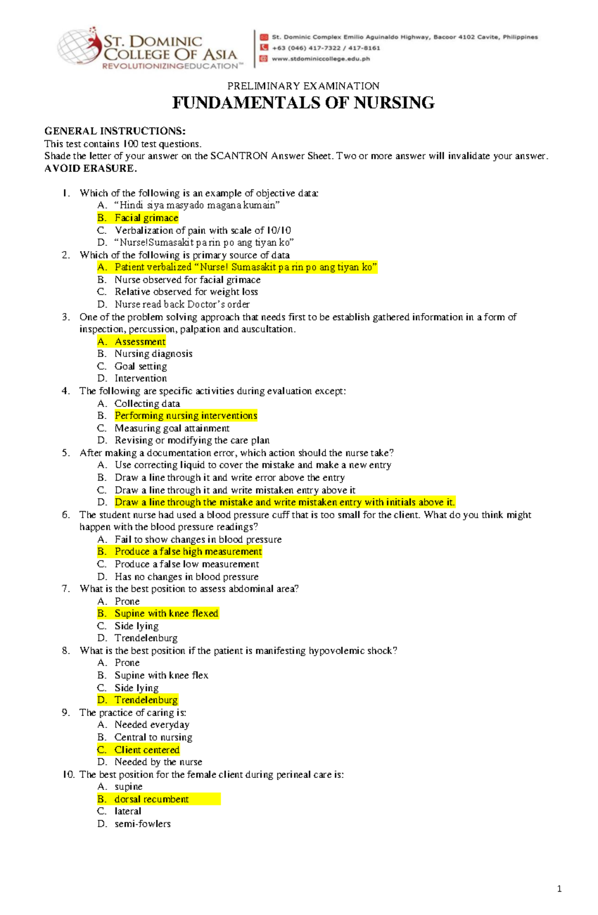 Fundamentals OF Nursing Prelim Answer - PRELIMINARY EXAMINATION FUNDAMENTALS OF NURSING GENERAL ...