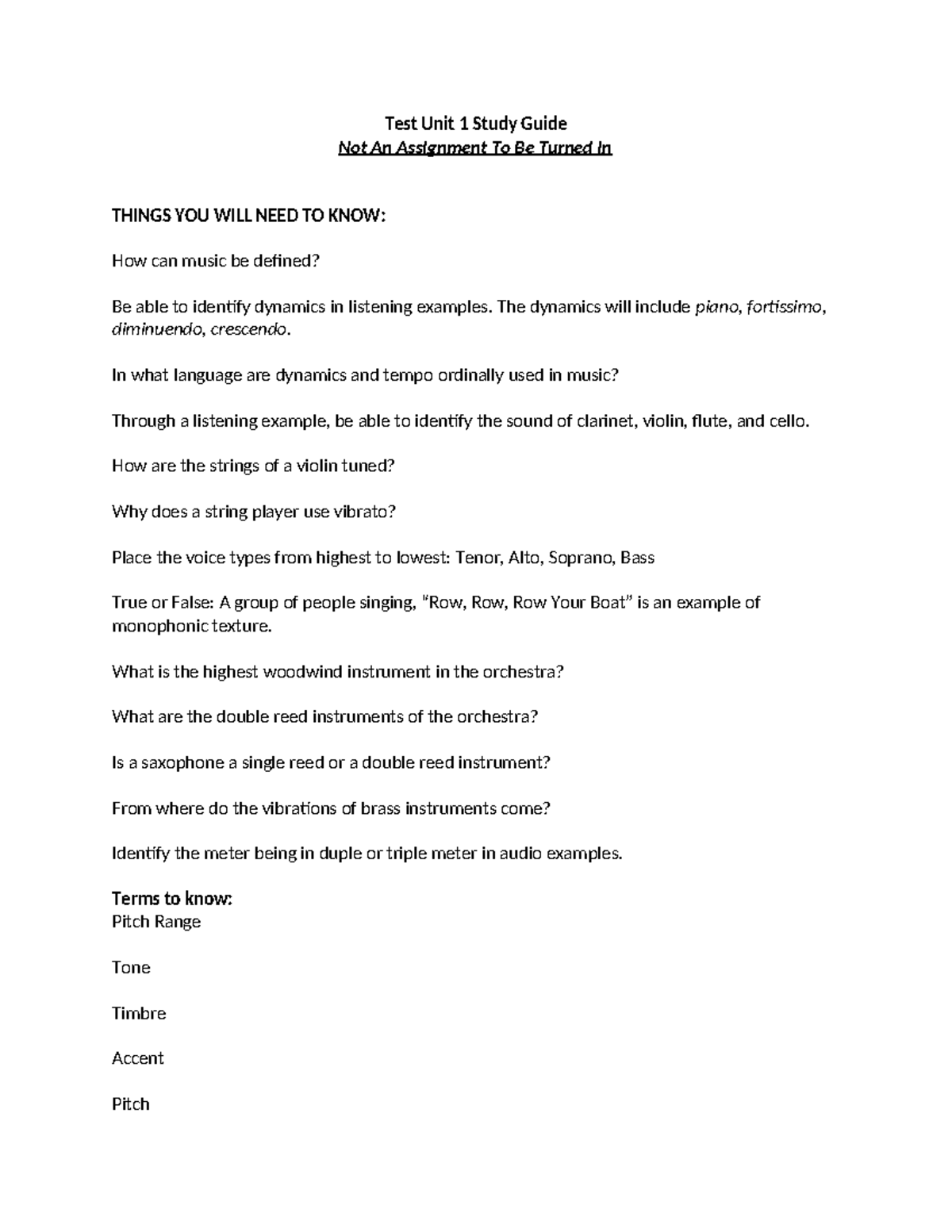 Unit 1 Music Test Study Guide: Key Concepts & Listening Skills - Studocu
