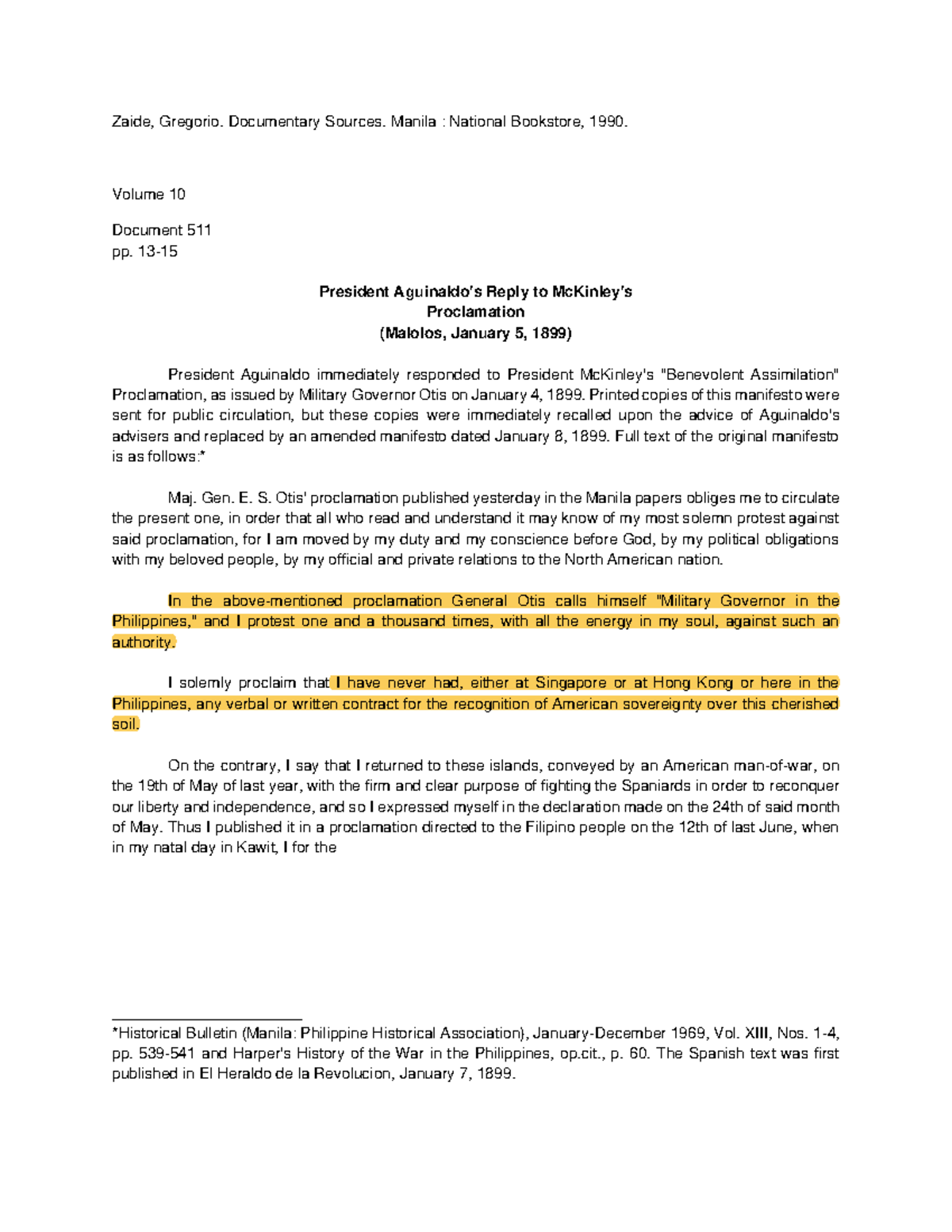 Aguinaldo's January 1899 Response to McKinley's Proclamation - Studocu