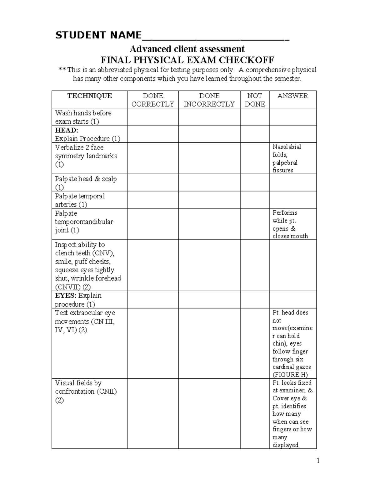 STUDENT Advanced Client Assessment Final Physical Exam Checklist - Studocu