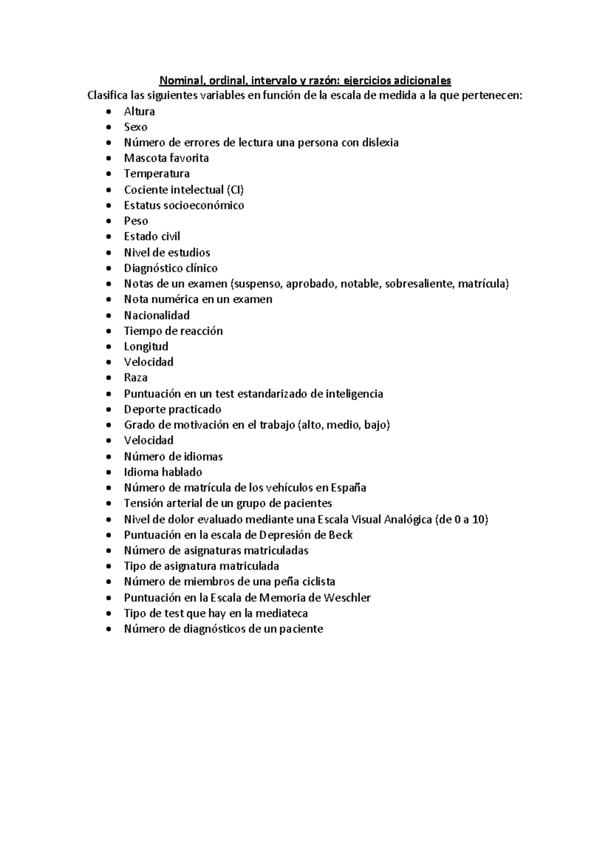 Ejercicios adicionales escalas de medida estadistica I - Nominal ...
