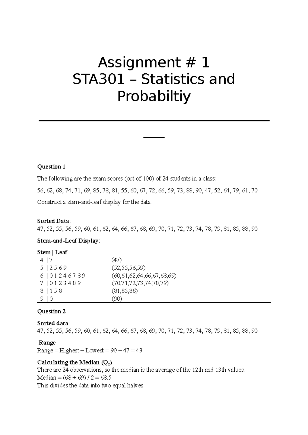 STA301 Assignment 1: Statistics & Probability Data Analysis - Studocu