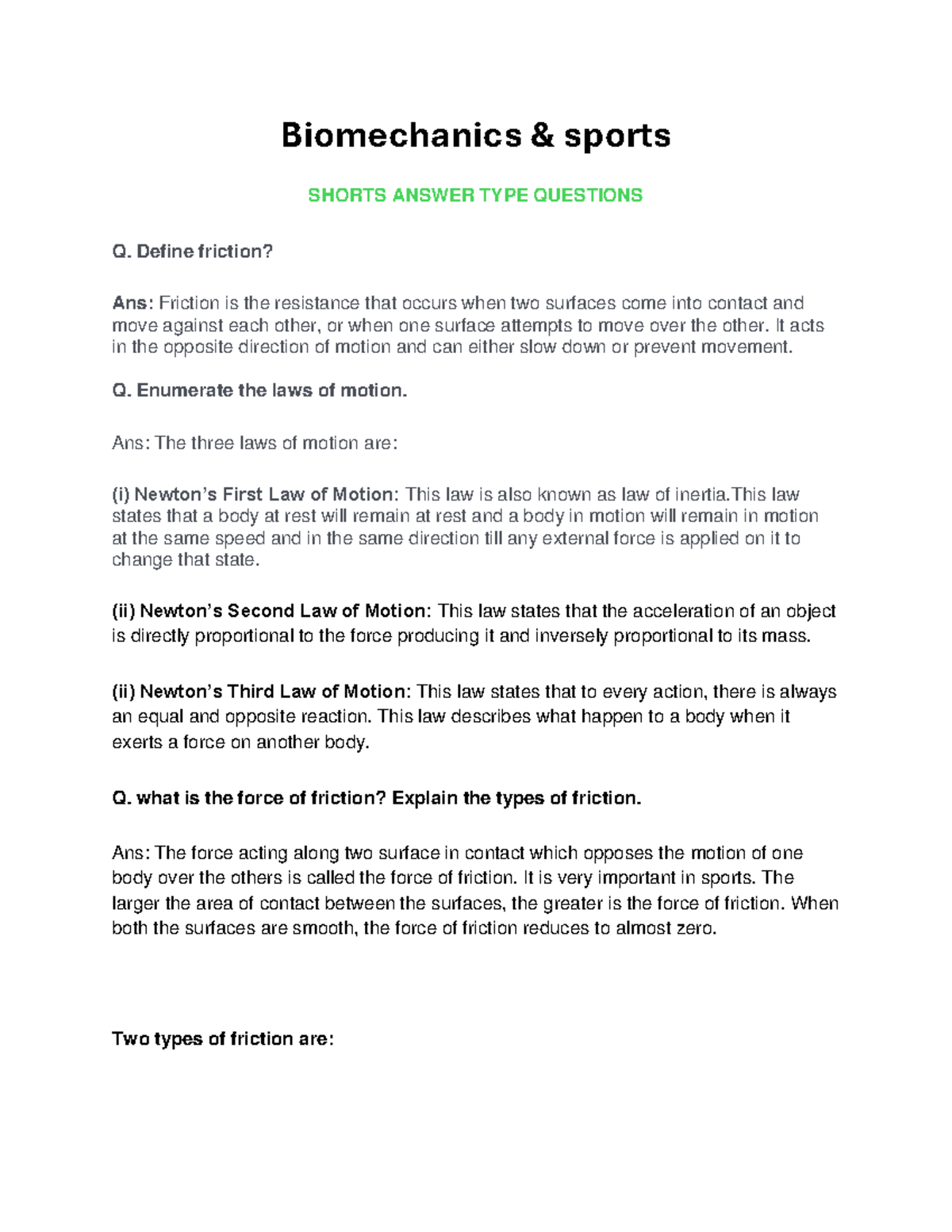 Biomechanics in Sports: Short Answer Questions for PE Class 12 - Studocu