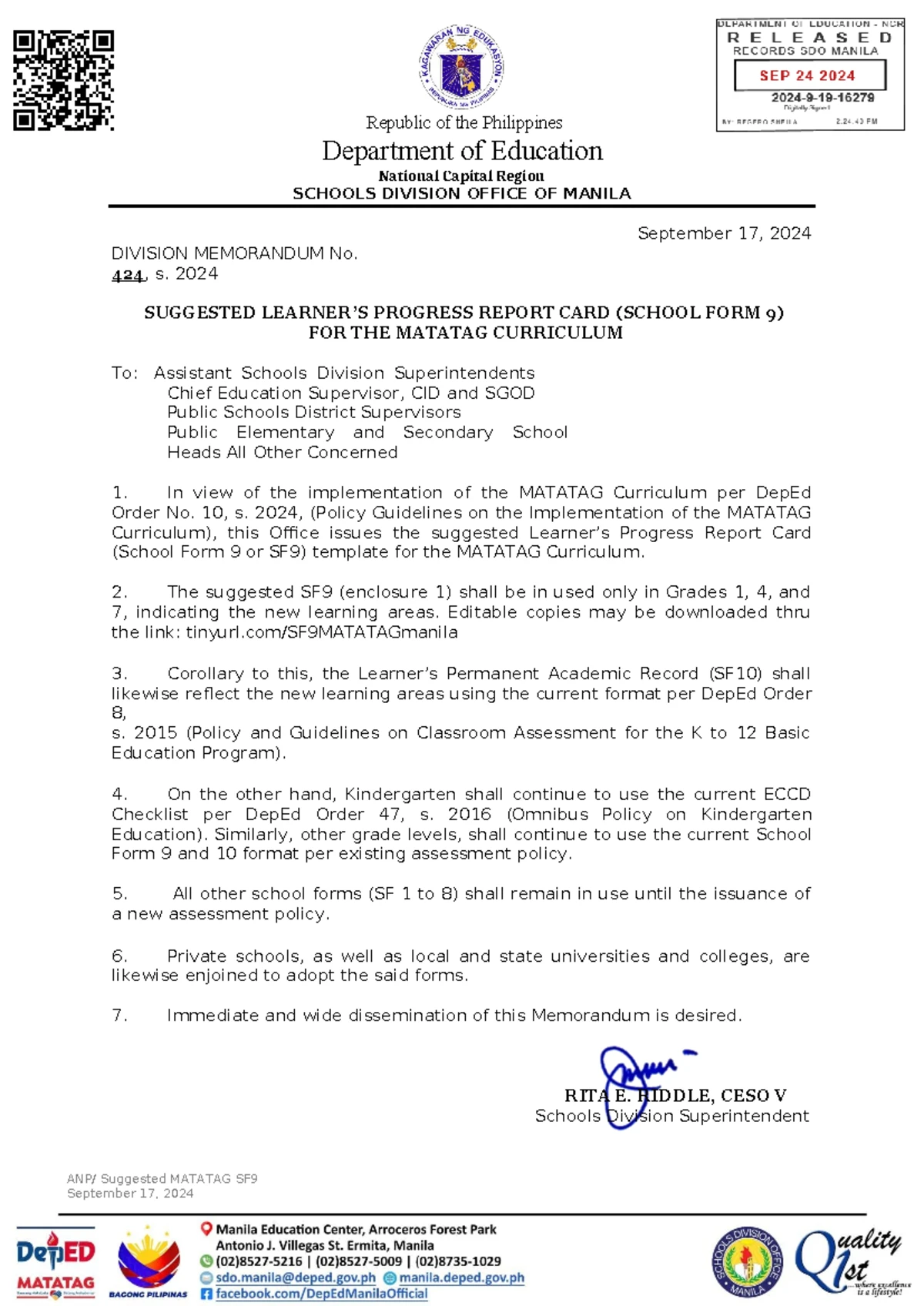 DM-424-s.-2024- Suggested-Learners-Progress-Report-Card-SF9-MATATAG - Studocu