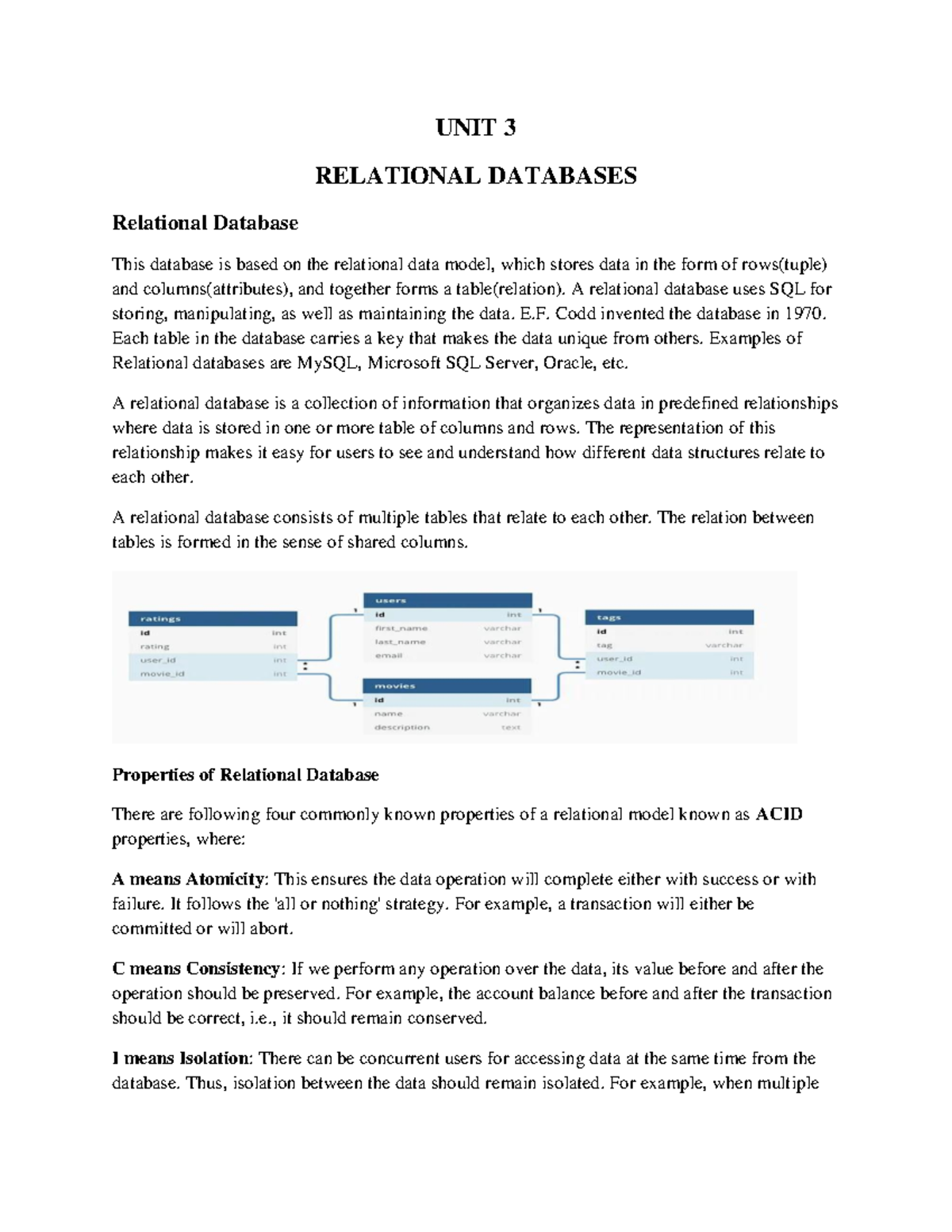 UNIT 3: Relational Databases - Key Concepts & Operations - Studocu
