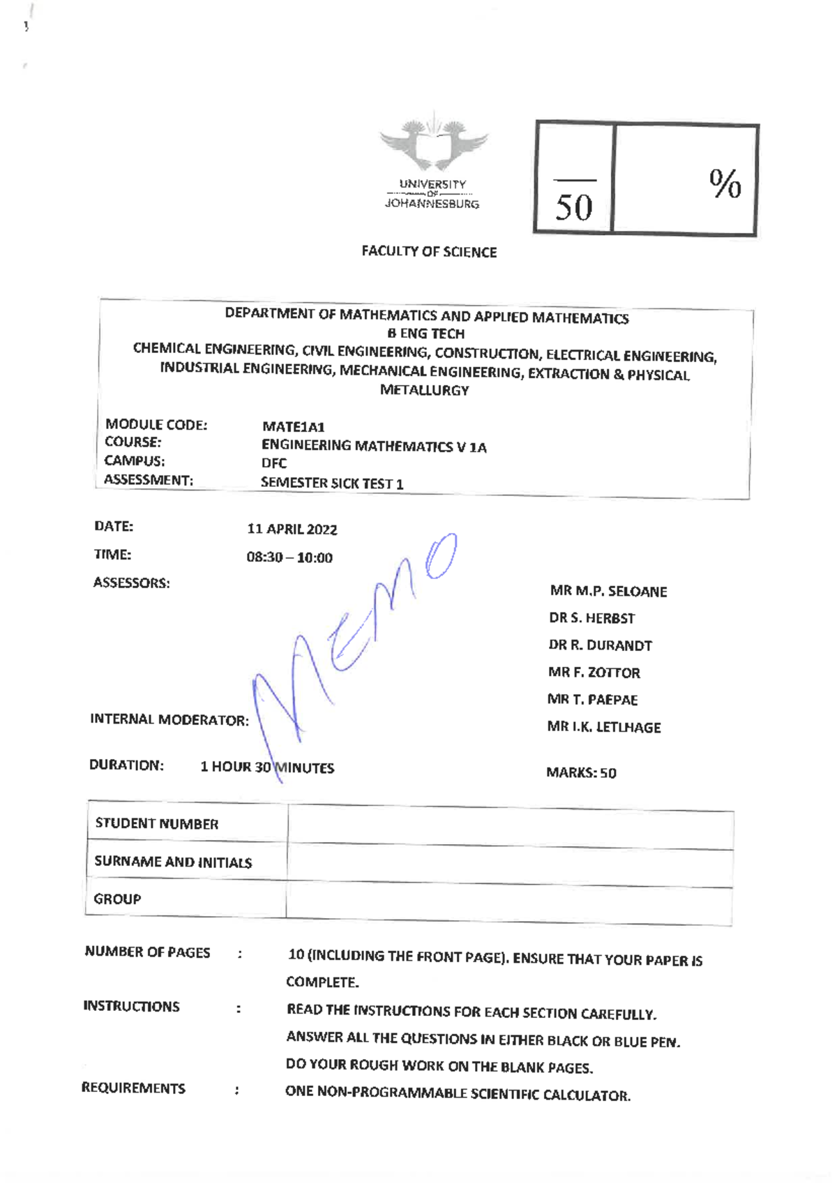 Semester SICK TEST 1 MEMO (April 2022)-2 - MAT02A2 - Studocu