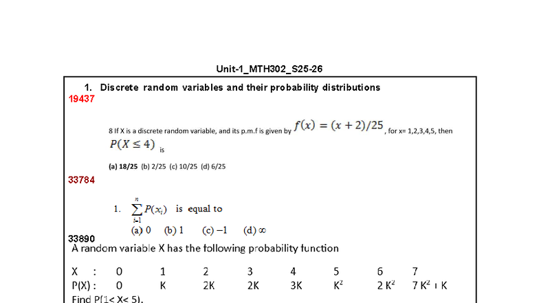Unit-1 MCQ on Discrete & Continuous Random Variables MTH302 S25-26 - Studocu