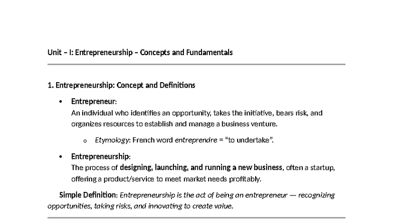 Unit I: Entrepreneurship Concepts and Fundamentals - Overview and ...