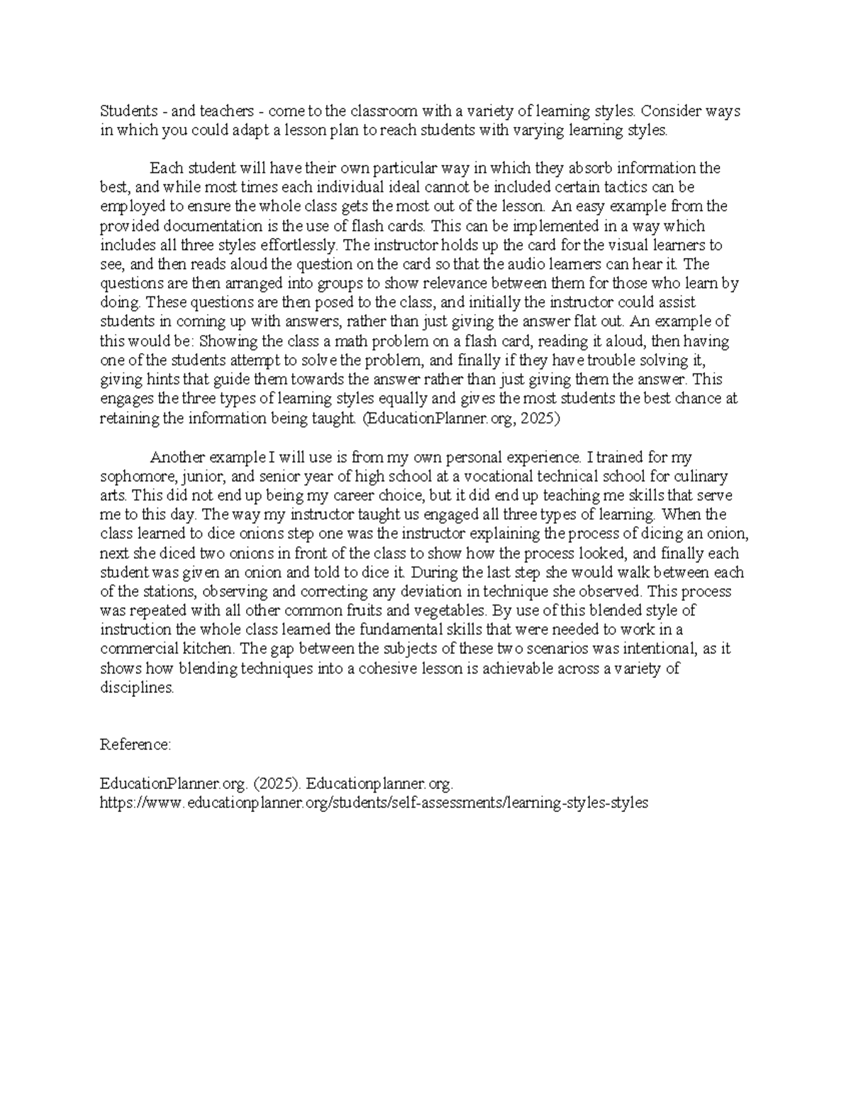 PSY 201 Disc 2 - Adapting Lesson Plans for Diverse Learning Styles ...