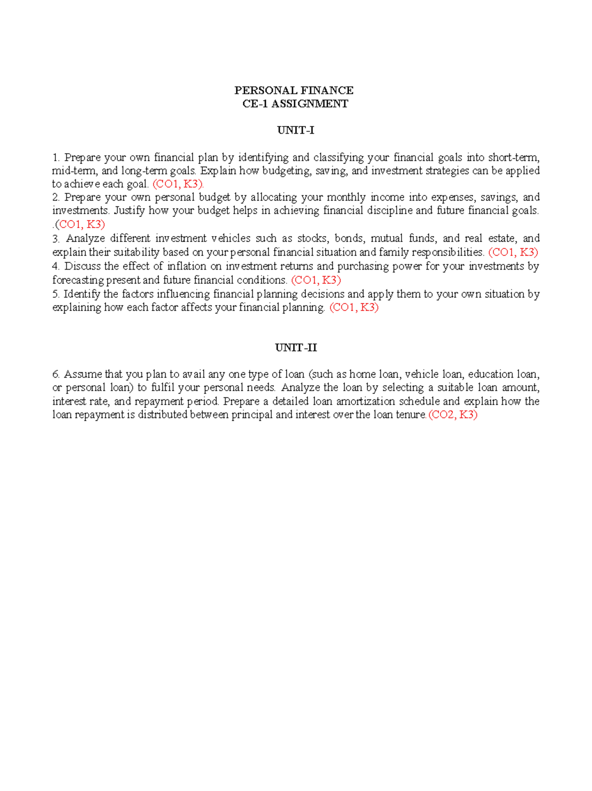 PF Assignment 1: Personal Finance Plan & Budget Analysis (CO1, K3 ...