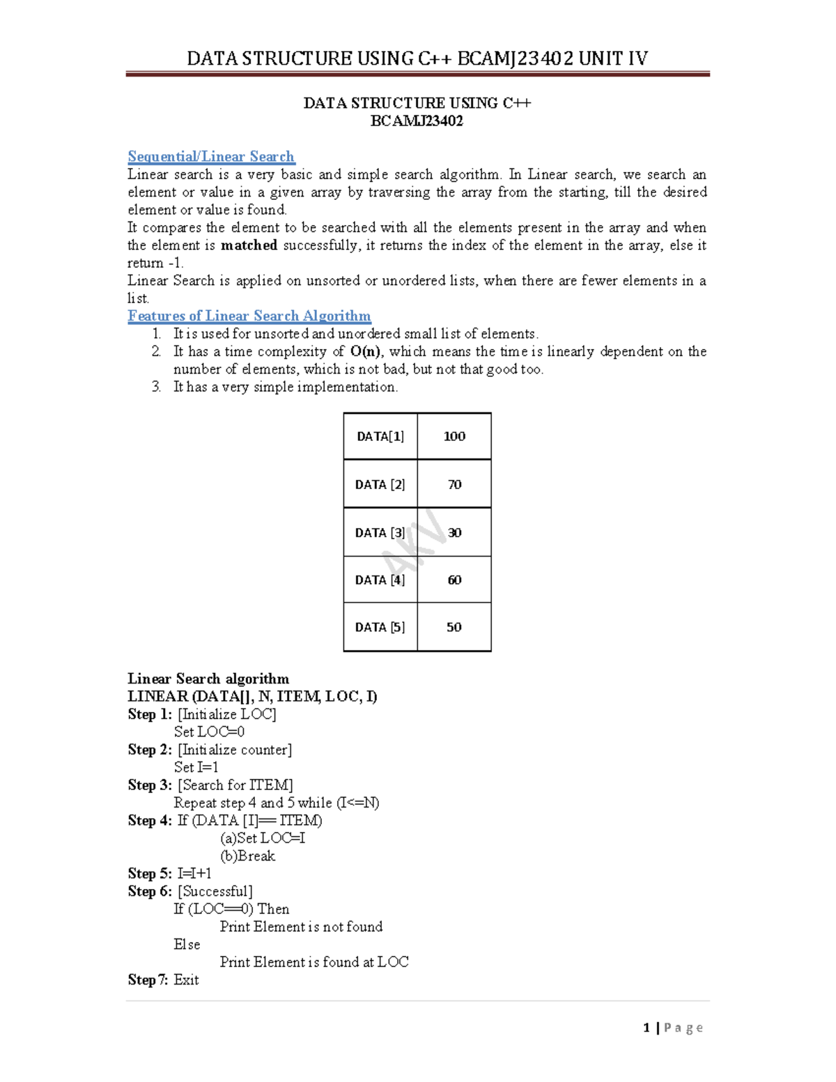 Unit IV: Data Structure Algorithms - Search & Sort Techniques (BCAMJ23402) - Studocu