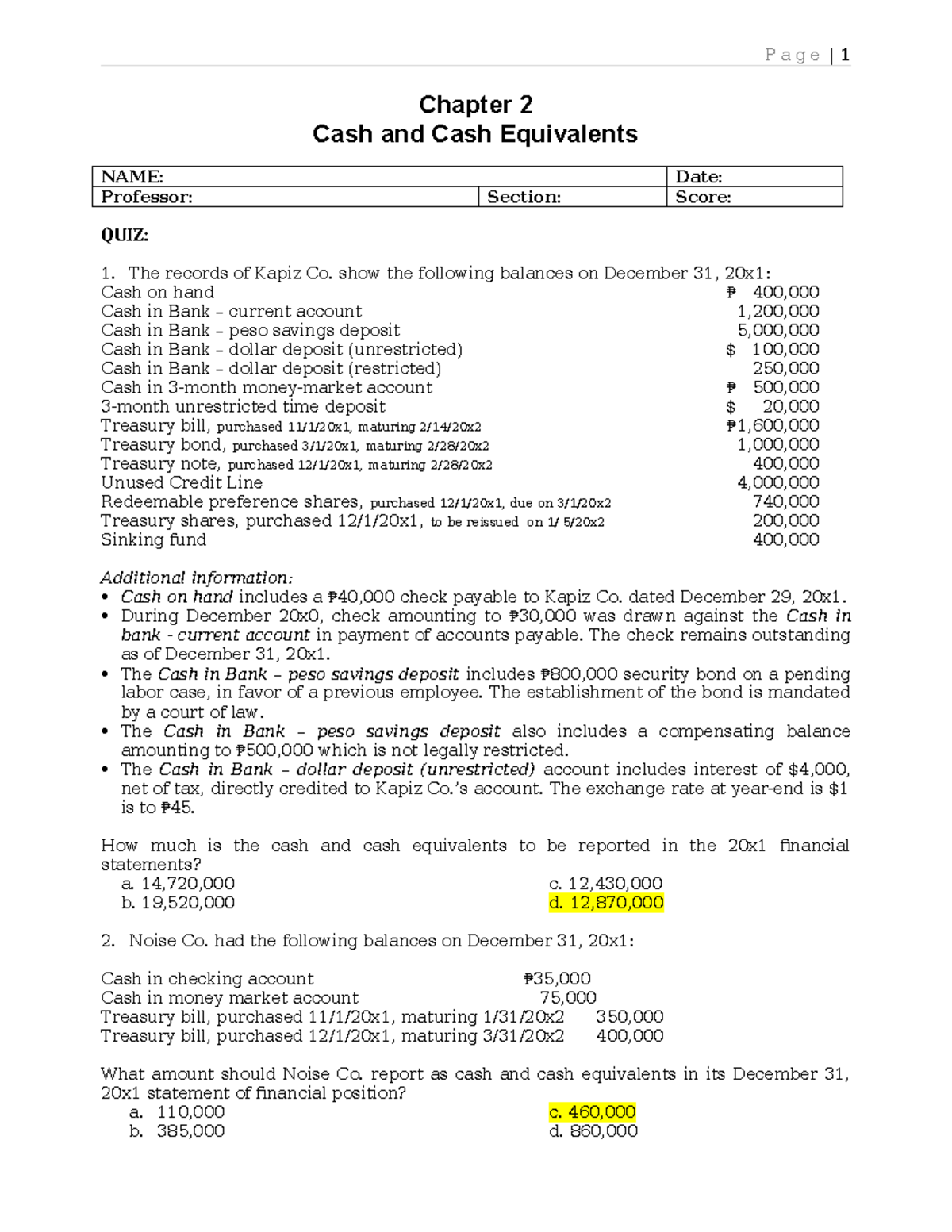 Quiz CCE - Cash and Cash Equivalents Analysis - Studocu
