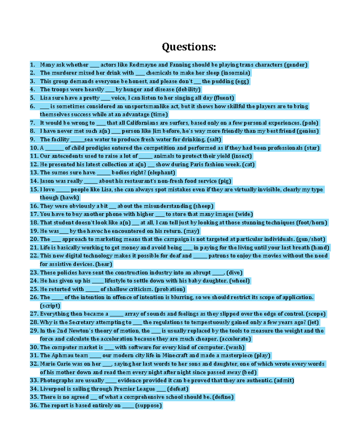 Word Formations: 248 Examples for Study (ENG 101) - Studocu
