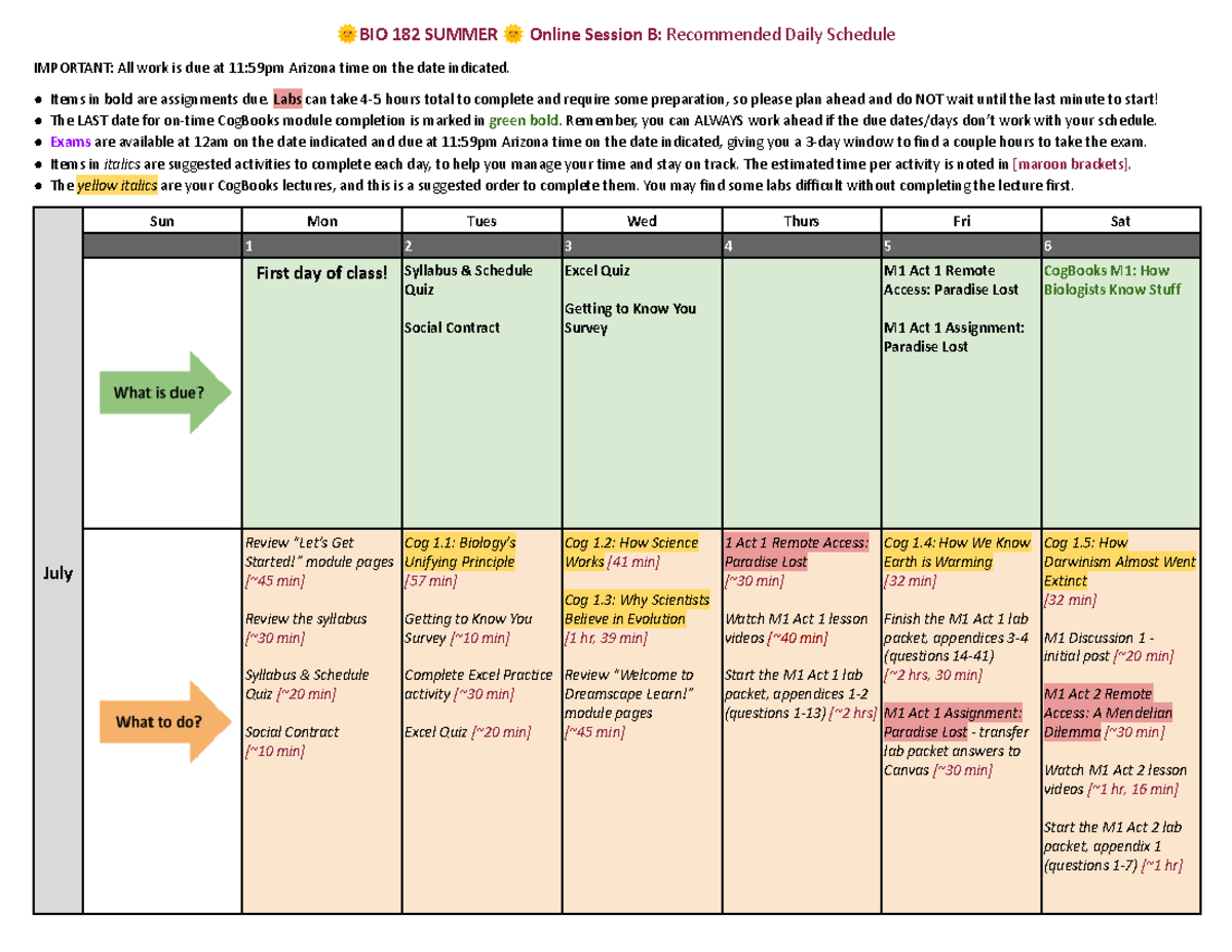 Printable student schedule BIO 182 Summer B 2024 - IMPORTANT: All work ...