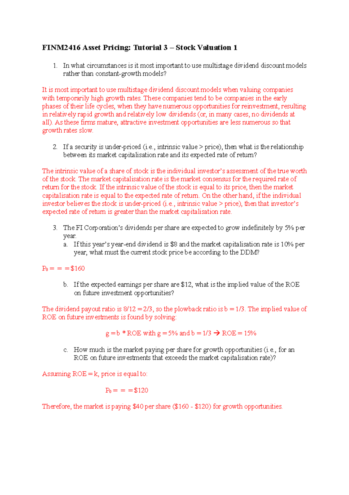 FINM2416 Asset Pricing: Tutorial 3 Stock Valuation - Studocu
