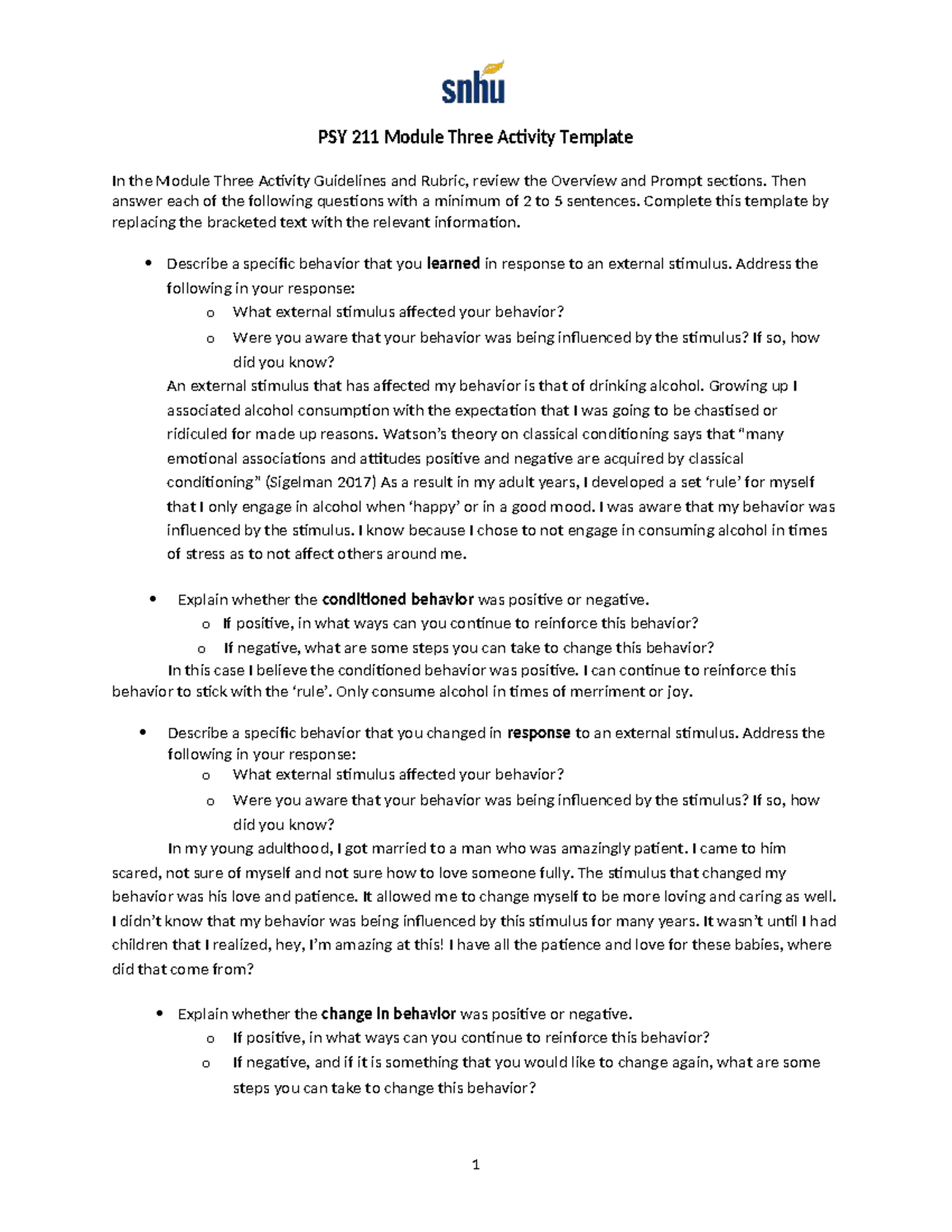 PSY 211 Module Three Activity: Exploring Behavior and Conditioning ...