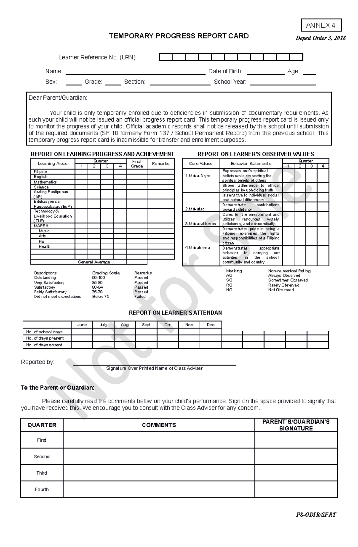 Temporary Progress Report Card - DO 3 2018 for SHS Students - Studocu