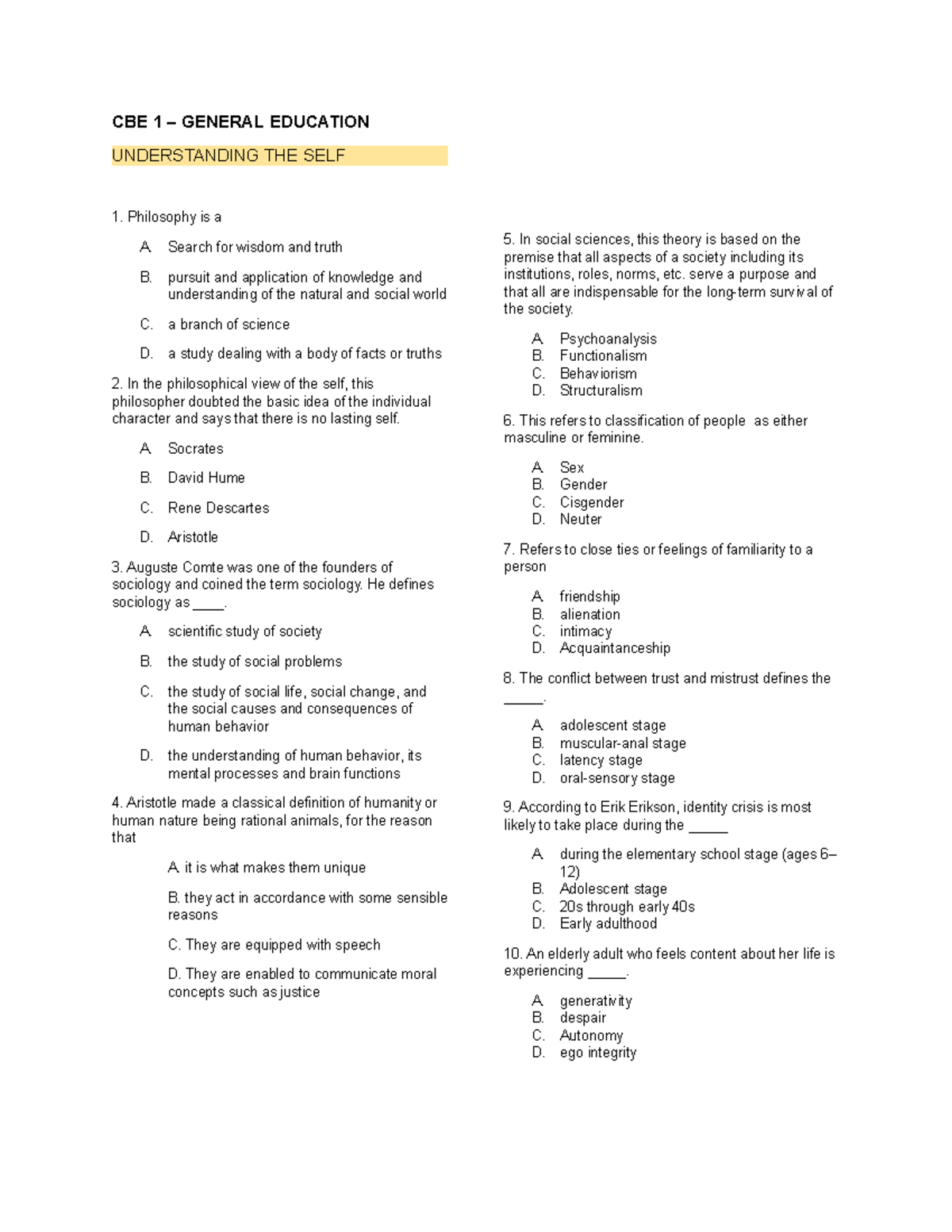 CBE 1 - GE 1 - Understanding the Self: Key Concepts and Review - Studocu
