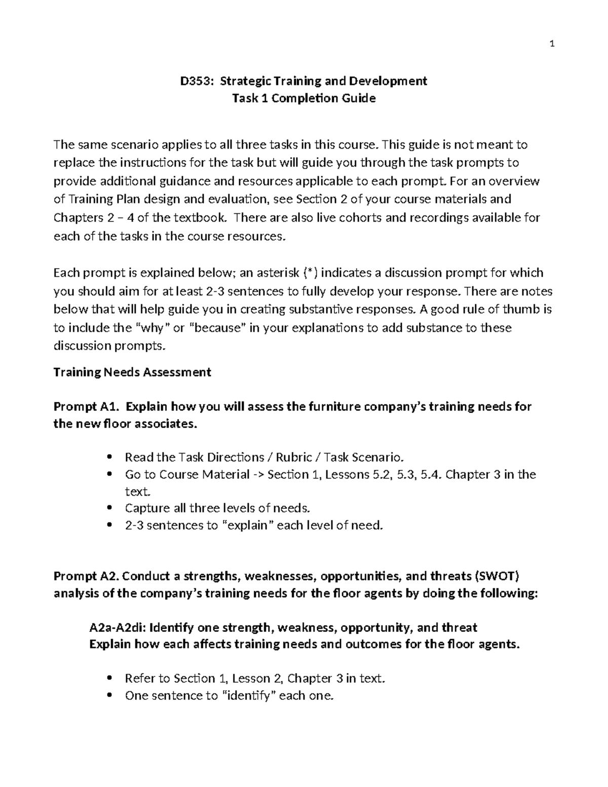 D353 Task 1 Completion Guide for Strategic Training and Development ...