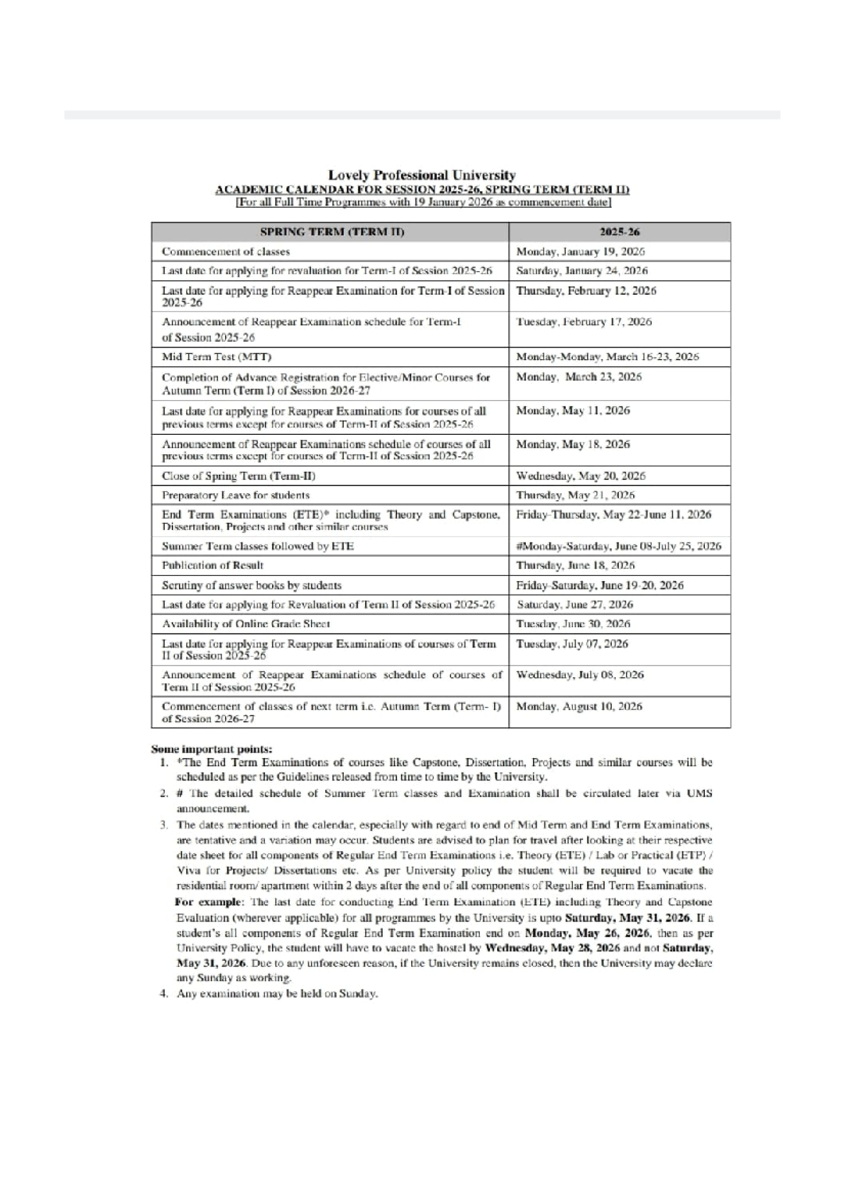 LPU ACADEMIC CALENDAR 2025-26: SPRING TERM II Schedule - Studocu