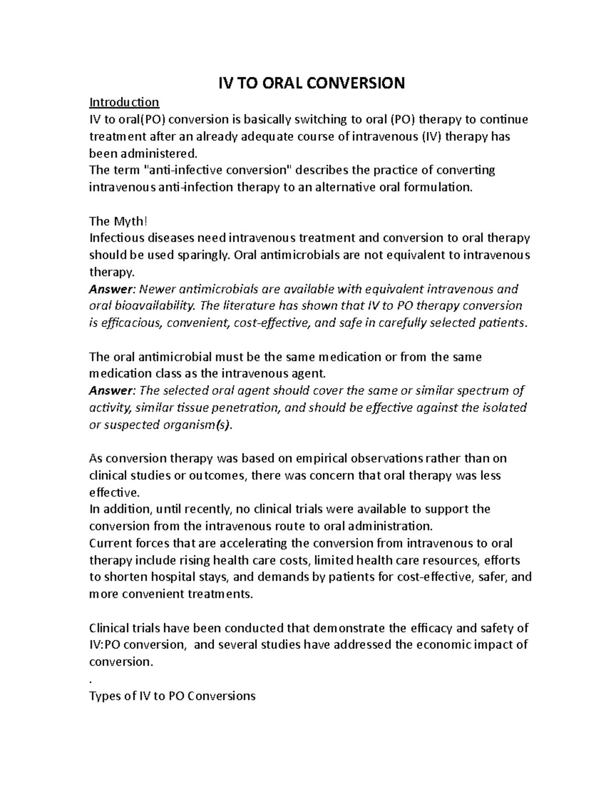 IV TO ORAL Conversion - IV TO ORAL CONVERSION Introduction IV to oral ...