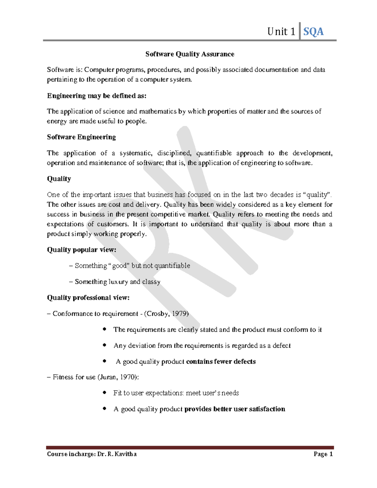 Unit 1 SQA: Understanding Software Quality Assurance Concepts and ...