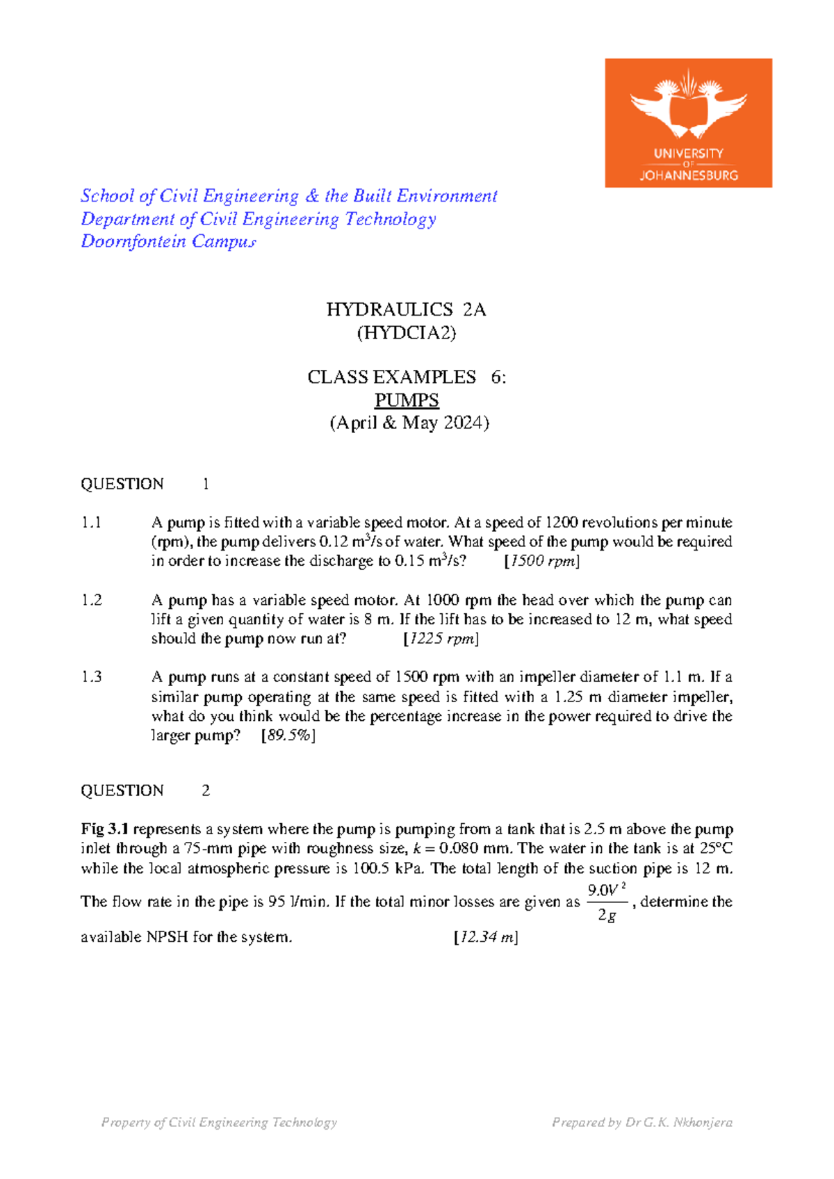 Class examples 6, pumps - School of Civil Engineering & the Built ...