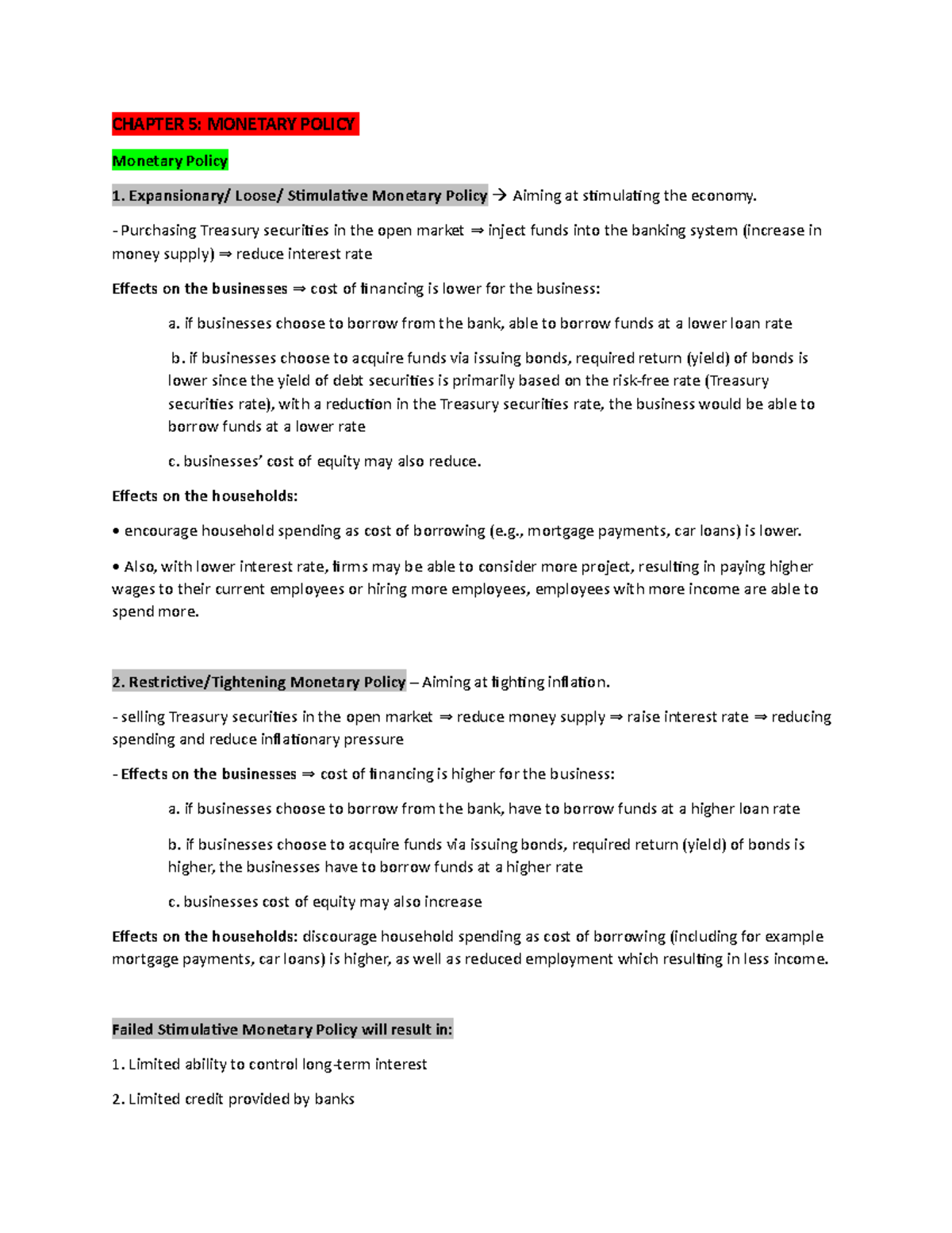 Final Exam - CHAPTER 5: MONETARY POLICY Monetary Policy Expansionary/ Loose/ Stimulative ...