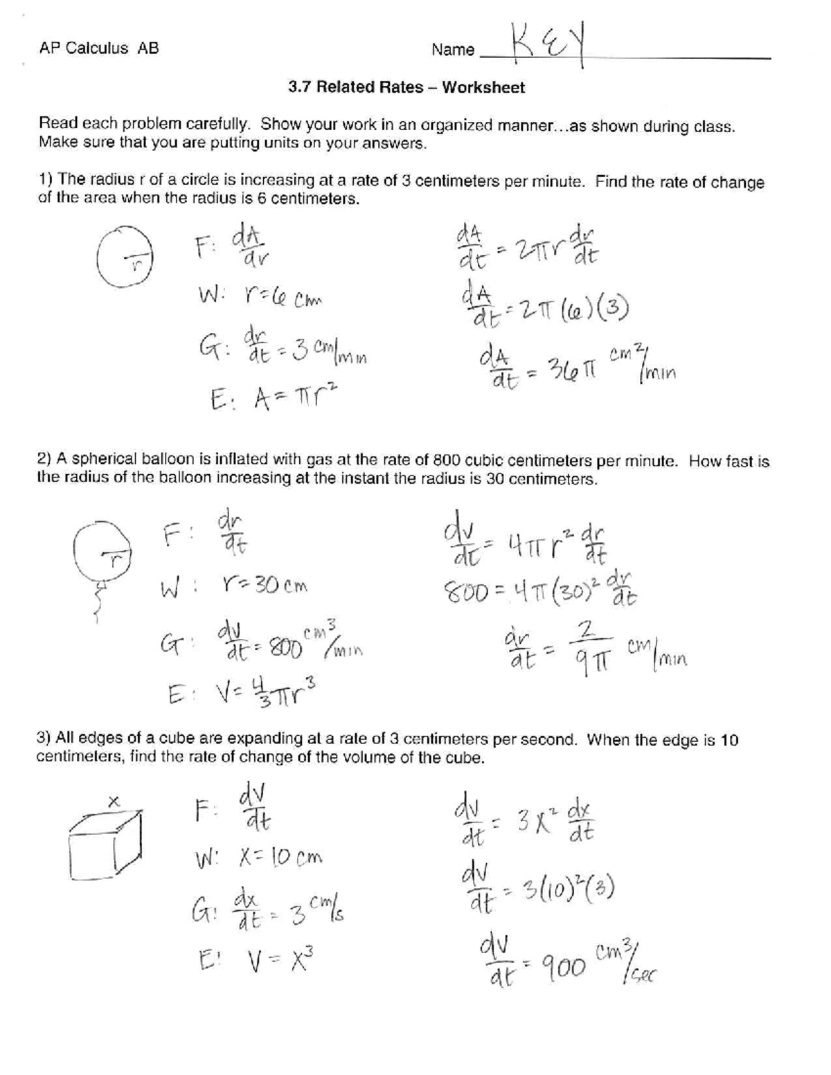 AP Calculus AB 3.7 Related Rates Worksheet Solutions - Studocu