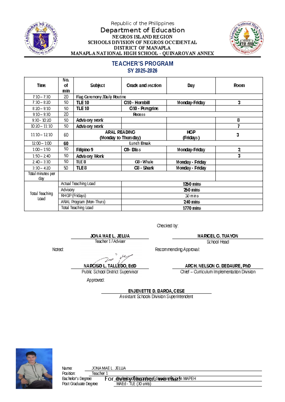 ARAL-Teachers Program Schedule for G10 & G8 - Final Exam - Studocu