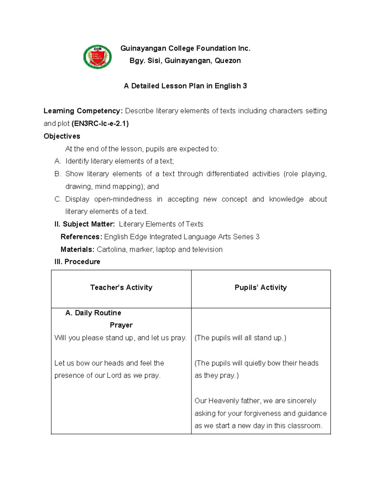Detailed Lesson Plan in English 3: Literary Elements of Texts - Studocu