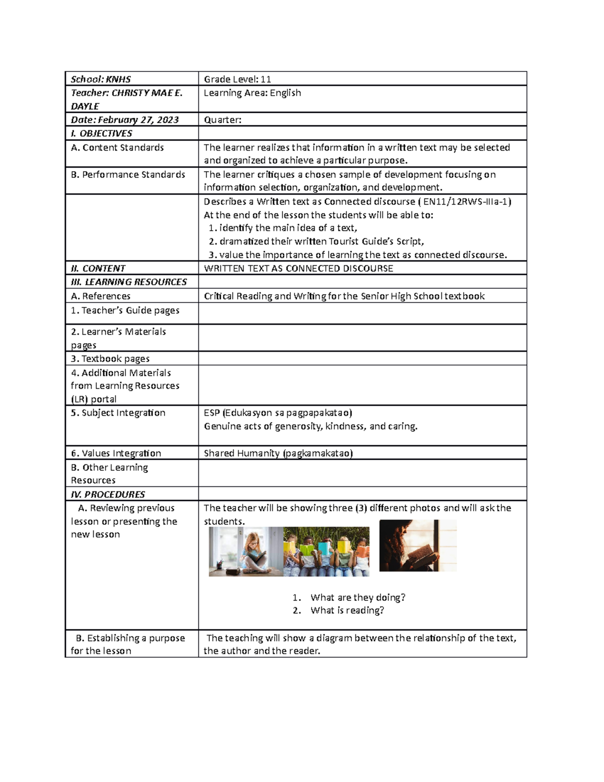 Deped lesson plan 1 - School: KNHS Grade Level: 11 Teacher: CHRISTY MAE ...