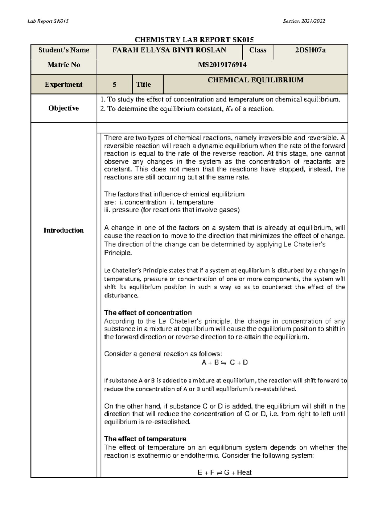 Lab Report 5: Chemical Equilibrium Analysis - SK015 - Studocu
