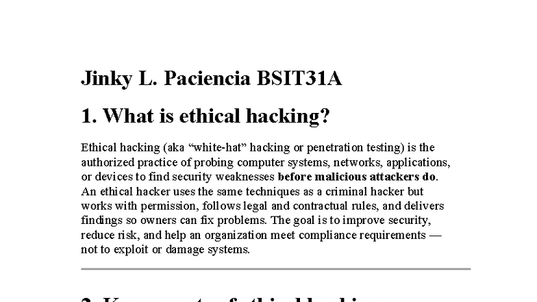 Ethical Hacking Overview - BSIT31A Netsec Insights - Studocu