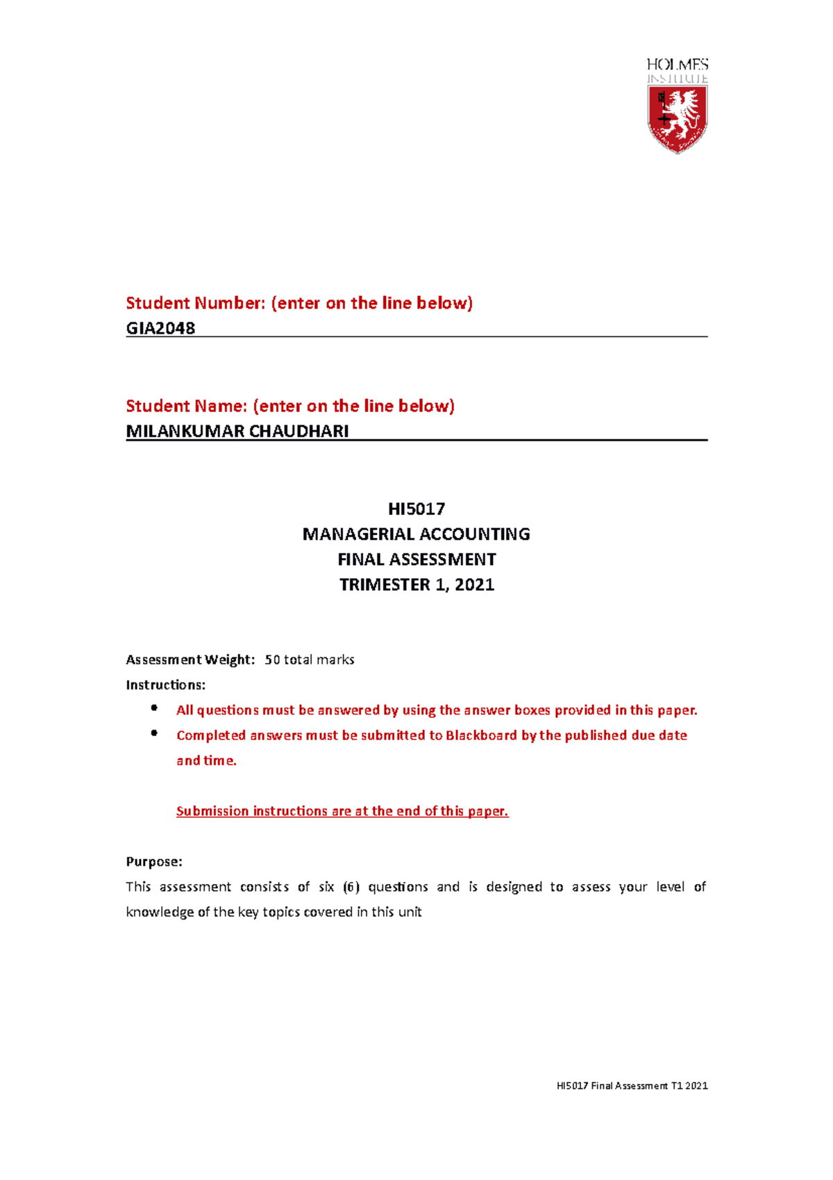 SWH3029 - HI5017 Managerial Accounting Final Exam Guide 2021 - Studocu