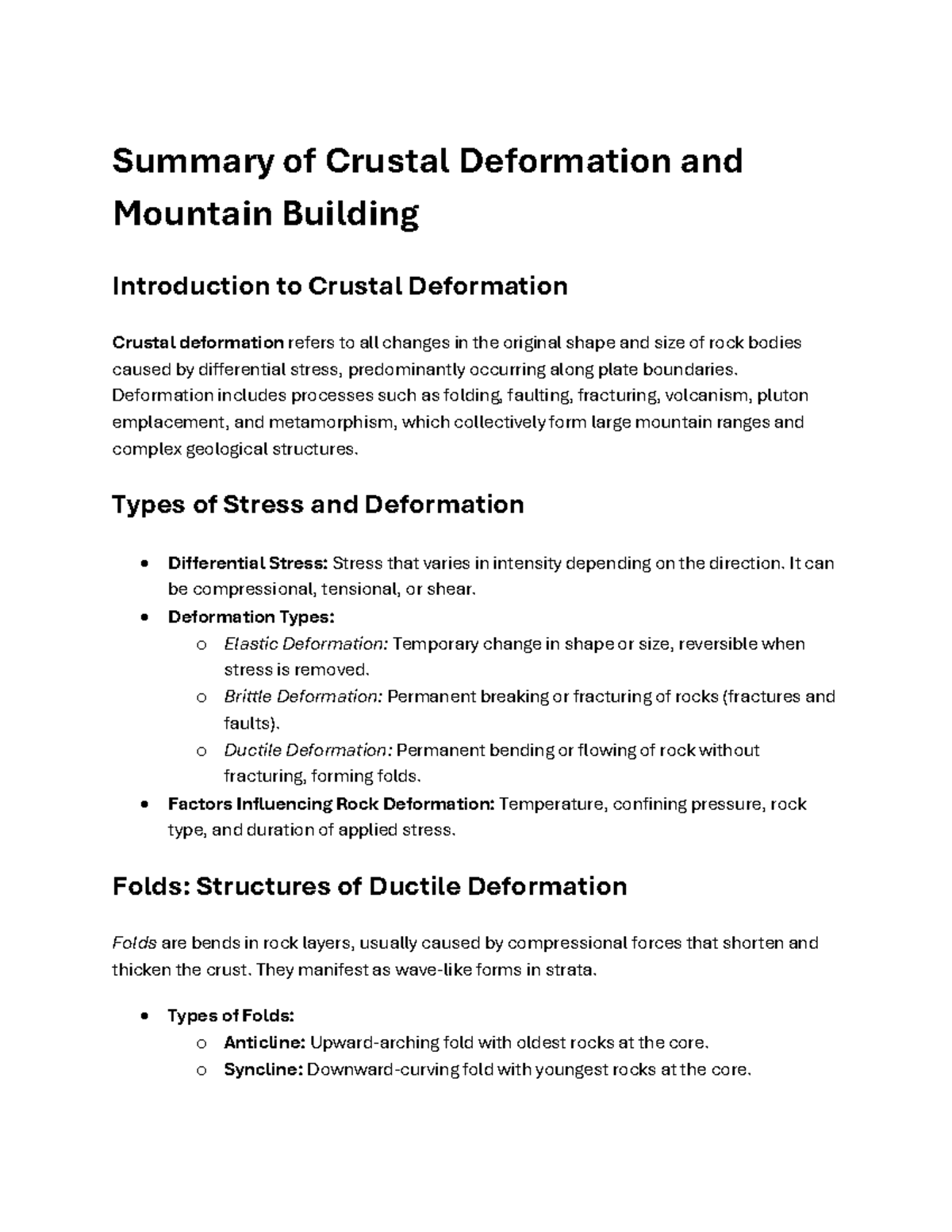 Detailed Summary of Crustal Deformation and Mountain Building (GEOL 101 ...
