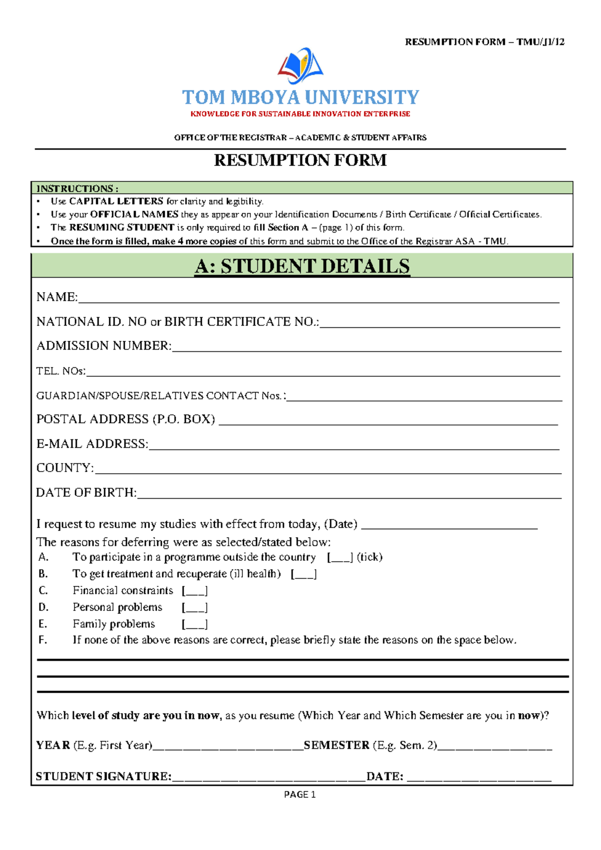TMU-JI-12-Study Resumption Form 1 - RESUMPTION FORM – TMU/JI/ TOM MBOYA ...