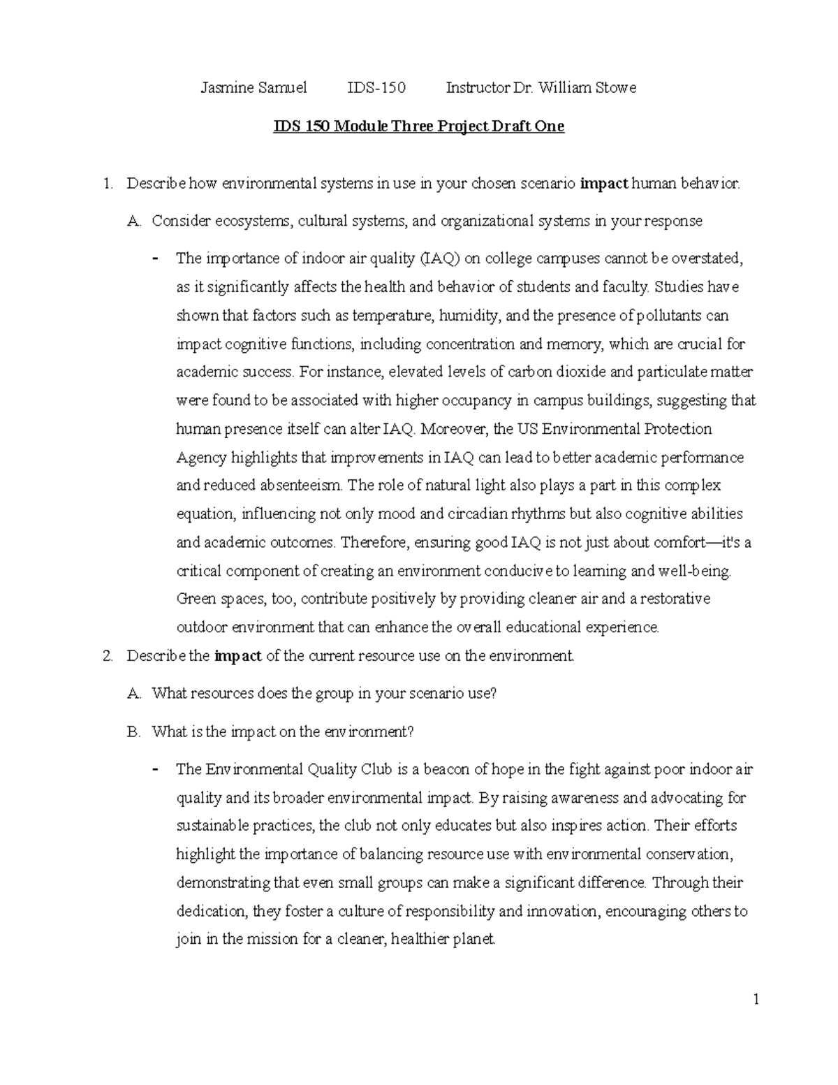 IDS-150: Short Paper Project Draft on Environmental Impact and IAQ ...