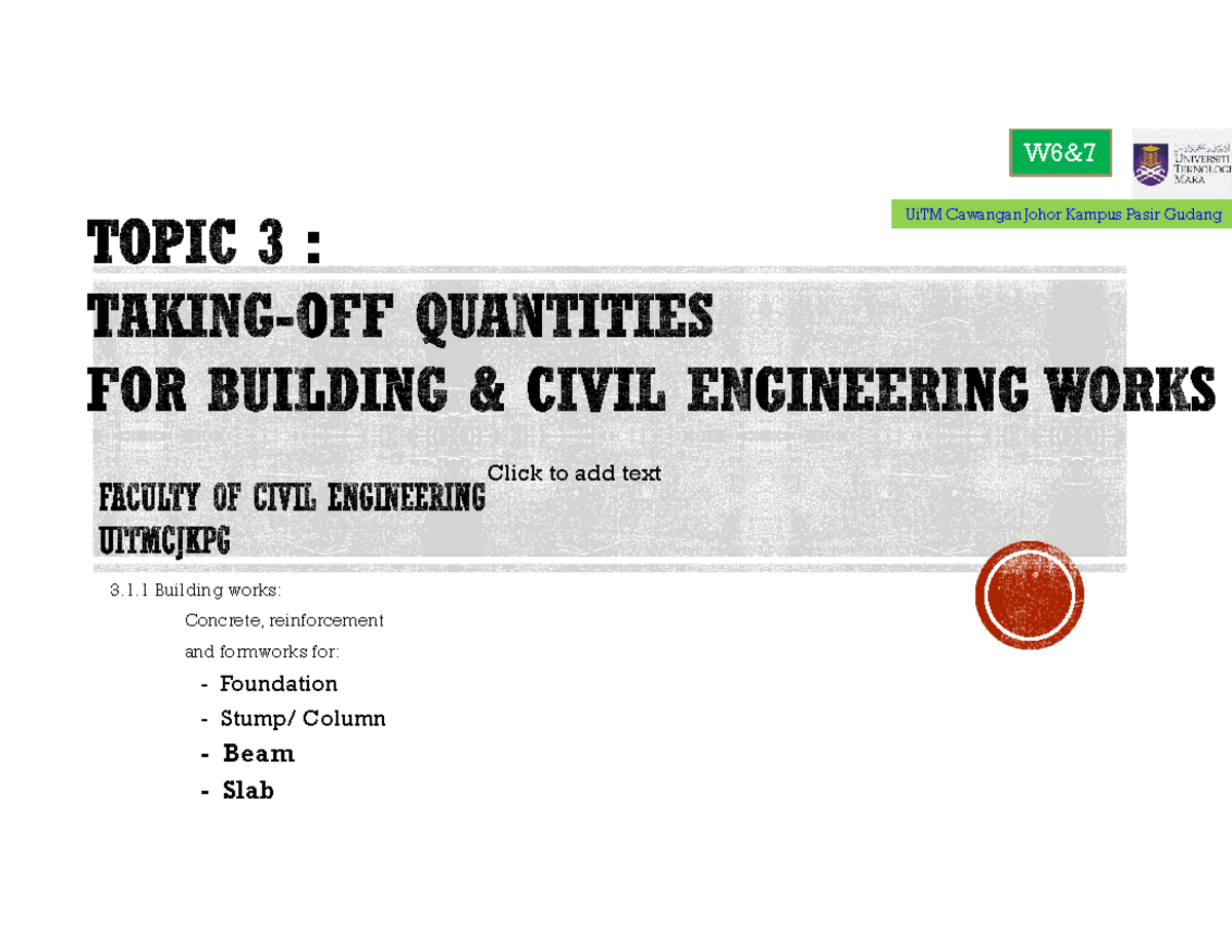 UiTM Cawangan Johor: Taking Off Quantities for Beam Slab - Studocu