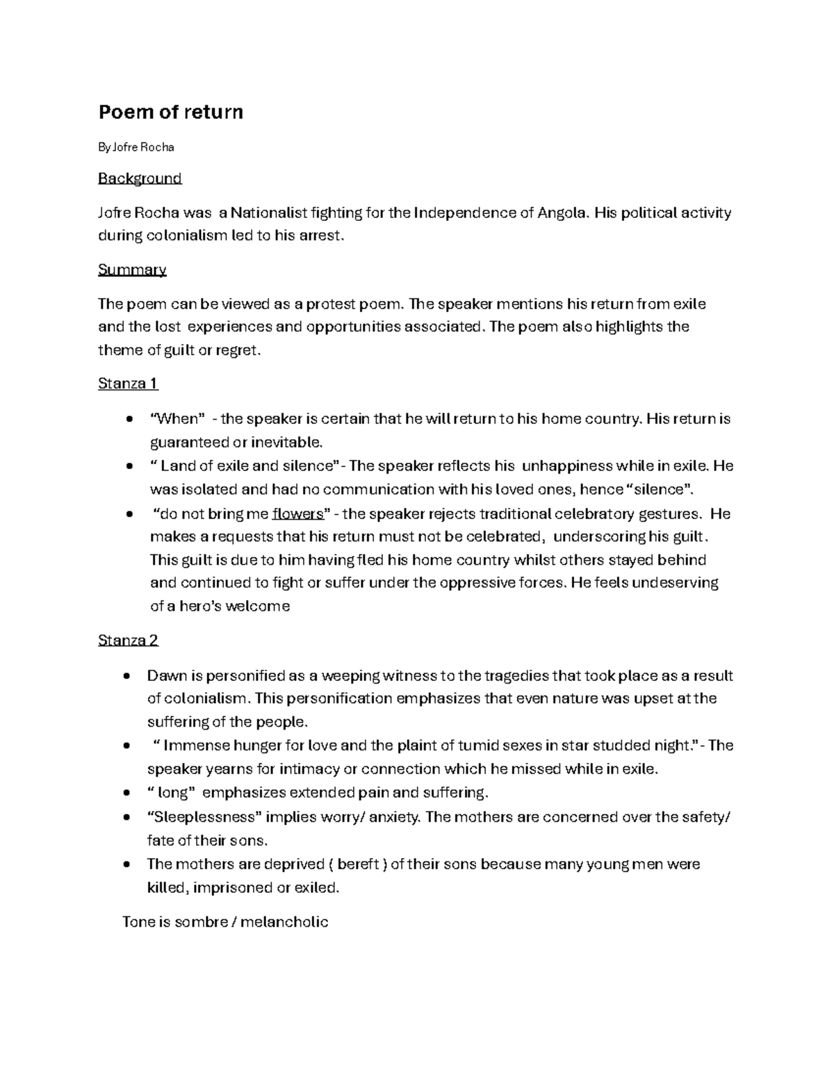Analysis of "Poem of Return" by Jofre Rocha: Themes & Symbolism - Studocu
