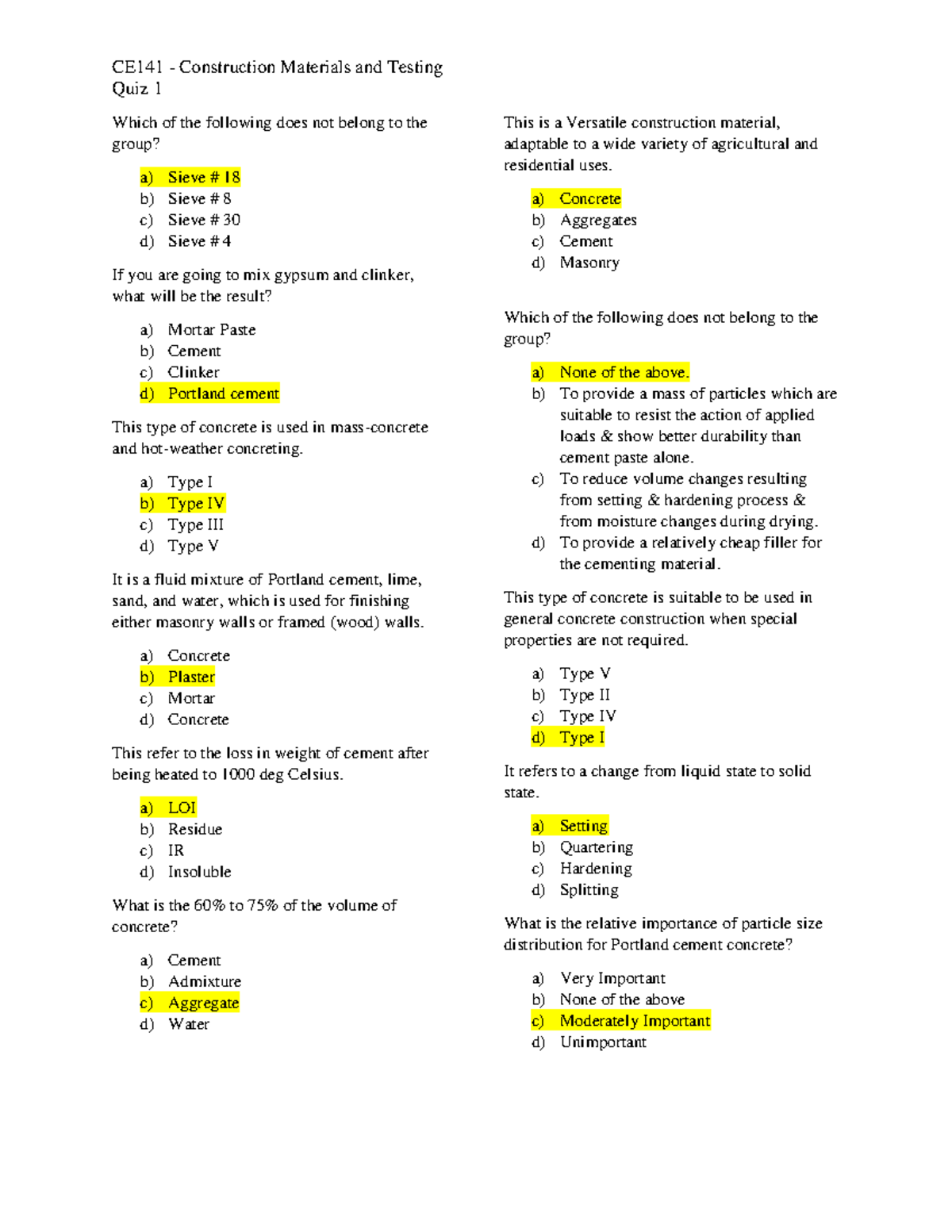 CE141 - Construction Materials & Testing Quiz 1 Study Questions - Studocu